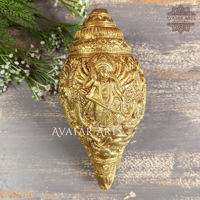 Brass conch with Goddess Durga carving – Avatar Arts