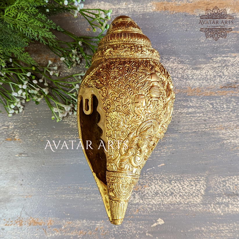 Brass conch with Goddess Durga carving – Avatar Arts